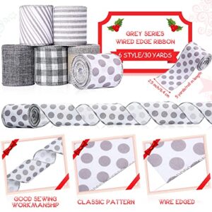 6 Rolls 30 Yards Christmas Wired Edge Ribbons 2.5 inch Buffalo Plaid Ribbon Candy Cane Striped Craft Ribbon Polka Dot Wrapping Ribbon for Christmas Tree Birthday Party Decorations (Gray)