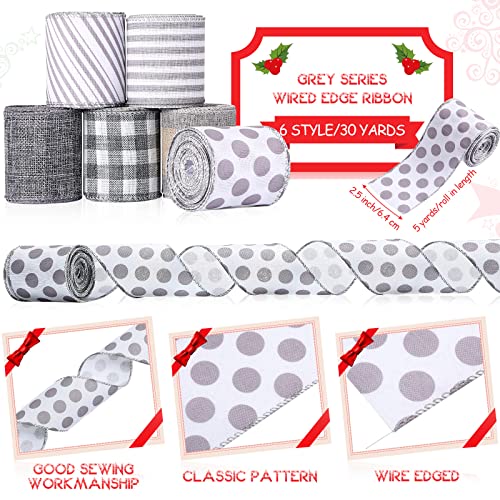 6 Rolls 30 Yards Christmas Wired Edge Ribbons 2.5 inch Buffalo Plaid Ribbon Candy Cane Striped Craft Ribbon Polka Dot Wrapping Ribbon for Christmas Tree Birthday Party Decorations (Gray)