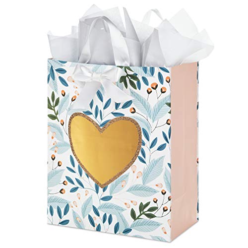 Hallmark 13" Large Gift Bag with Tissue Paper (Green Foliage, Gold Heart) for Weddings, Engagements, Anniversaries, Bridal Showers, Christmas, Valentine's Day