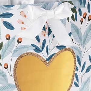 Hallmark 13" Large Gift Bag with Tissue Paper (Green Foliage, Gold Heart) for Weddings, Engagements, Anniversaries, Bridal Showers, Christmas, Valentine's Day