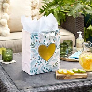 Hallmark 13" Large Gift Bag with Tissue Paper (Green Foliage, Gold Heart) for Weddings, Engagements, Anniversaries, Bridal Showers, Christmas, Valentine's Day