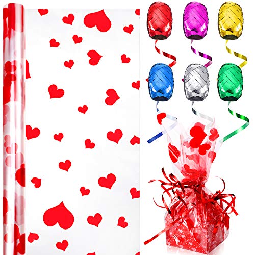 39 x 138 Inch Valentine's Day Red Heart Cellophane Wrap Paper, 2.3 Mil Thick Cellophane Paper with 6 Rolls Colorful Wrap Ribbon for Christmas Holiday DIY Craft Wrapping or Basket Filling