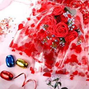 39 x 138 Inch Valentine's Day Red Heart Cellophane Wrap Paper, 2.3 Mil Thick Cellophane Paper with 6 Rolls Colorful Wrap Ribbon for Christmas Holiday DIY Craft Wrapping or Basket Filling