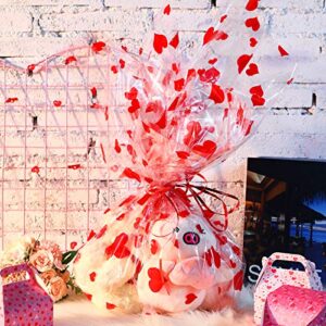 39 x 138 Inch Valentine's Day Red Heart Cellophane Wrap Paper, 2.3 Mil Thick Cellophane Paper with 6 Rolls Colorful Wrap Ribbon for Christmas Holiday DIY Craft Wrapping or Basket Filling