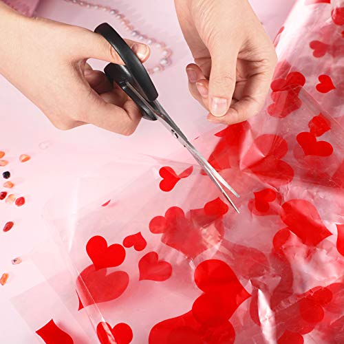 39 x 138 Inch Valentine's Day Red Heart Cellophane Wrap Paper, 2.3 Mil Thick Cellophane Paper with 6 Rolls Colorful Wrap Ribbon for Christmas Holiday DIY Craft Wrapping or Basket Filling