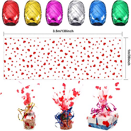 39 x 138 Inch Valentine's Day Red Heart Cellophane Wrap Paper, 2.3 Mil Thick Cellophane Paper with 6 Rolls Colorful Wrap Ribbon for Christmas Holiday DIY Craft Wrapping or Basket Filling