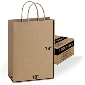 kraft paper gift bags bulk with handles. [100 bags] 10 x 5 x 13 ideal for shopping, packaging, retail, party, craft, gifts, wedding, recycled, business, goody and merchandise bag (brown)