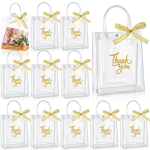 24 Pack Thank You Gift Bags Clear PVC Plastic Gift Bag with Handle Transparent Gift Tote Bag Wedding Gift Bag Ribbon for Baby Shower Party Birthday Favor 8 x 4 x 10 Inch (Cute Style)