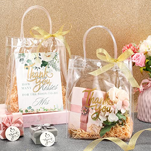 24 Pack Thank You Gift Bags Clear PVC Plastic Gift Bag with Handle Transparent Gift Tote Bag Wedding Gift Bag Ribbon for Baby Shower Party Birthday Favor 8 x 4 x 10 Inch (Cute Style)