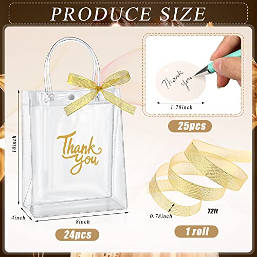 24 Pack Thank You Gift Bags Clear PVC Plastic Gift Bag with Handle Transparent Gift Tote Bag Wedding Gift Bag Ribbon for Baby Shower Party Birthday Favor 8 x 4 x 10 Inch (Cute Style)