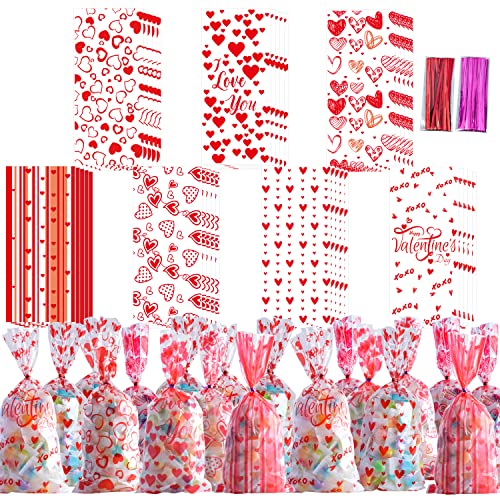 WOONOO 200PCS Valentines Gift Bags Valentine Cellophane Treat Bags for Kids, 7 Designs Valentine Goodies Bags for Treat With Twist Ties for Valentines Party Supplies Cookie Bags