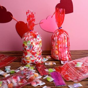 WOONOO 200PCS Valentines Gift Bags Valentine Cellophane Treat Bags for Kids, 7 Designs Valentine Goodies Bags for Treat With Twist Ties for Valentines Party Supplies Cookie Bags