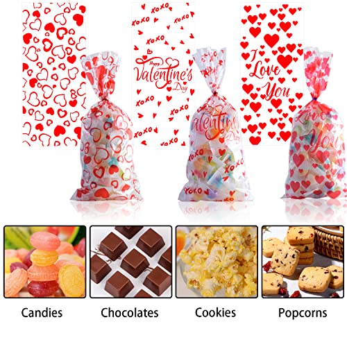 WOONOO 200PCS Valentines Gift Bags Valentine Cellophane Treat Bags for Kids, 7 Designs Valentine Goodies Bags for Treat With Twist Ties for Valentines Party Supplies Cookie Bags