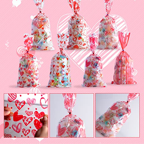 WOONOO 200PCS Valentines Gift Bags Valentine Cellophane Treat Bags for Kids, 7 Designs Valentine Goodies Bags for Treat With Twist Ties for Valentines Party Supplies Cookie Bags