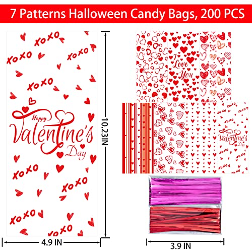 WOONOO 200PCS Valentines Gift Bags Valentine Cellophane Treat Bags for Kids, 7 Designs Valentine Goodies Bags for Treat With Twist Ties for Valentines Party Supplies Cookie Bags