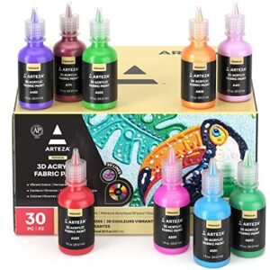 arteza fabric paint, 30 colors, permanent 3d paint, glow-in-the-dark, glitter, neon, and metallic hues, 30-ml bottles, for textiles, canvas, and wood