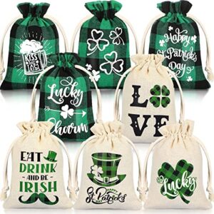 24 pieces st. patricks linen burlap bag, shamrock burlap gift bags, st. patrick’s small burlap bags, irish green jute drawstrings candy pouch, happy shamrock treat bags (7 x 5 inch)