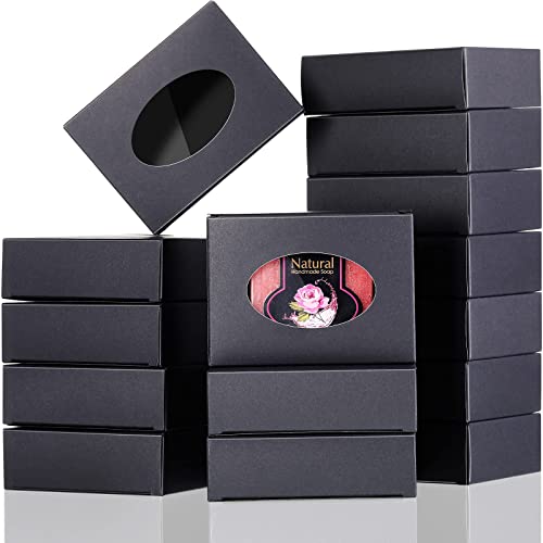 60 Pack Soap Boxes for Homemade Soap Kraft Soap Making Supplies Soap Box with Window Soap Packaging Boxes Oval Window Box for Bakery Candy Party Treats, 3.8 x 2.8 x 1.2 Inch (Black)