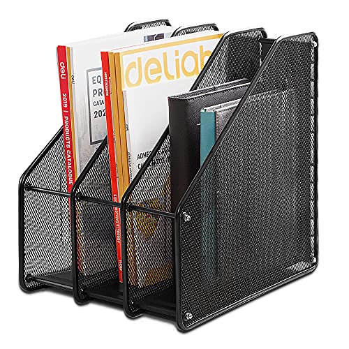 deli Mesh Magazine File Holder, Desk Organizer File Folder Document Rack for Office Organization and Storage, 3 Vertical Compartments, Black