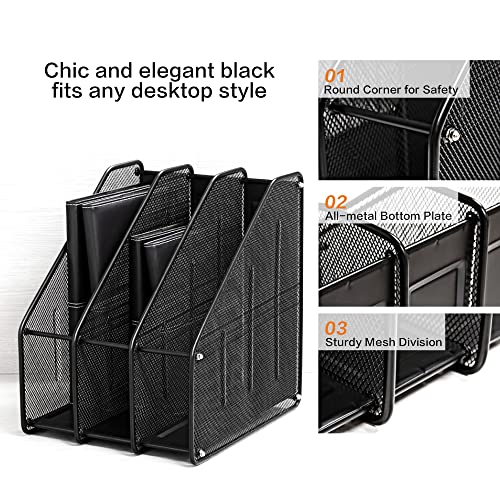 deli Mesh Magazine File Holder, Desk Organizer File Folder Document Rack for Office Organization and Storage, 3 Vertical Compartments, Black