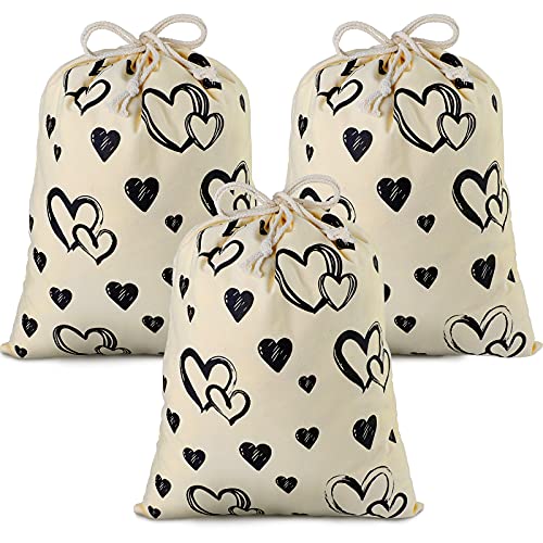 3 Pieces Large Canvas Gift Bags with Drawstring Christmas Gift Bag Printed with Hearts Bridal Shower Wedding Present Bags Drawstring Bag for Girls Valentines Day Anniversary Supplies,20 x 16 Inches