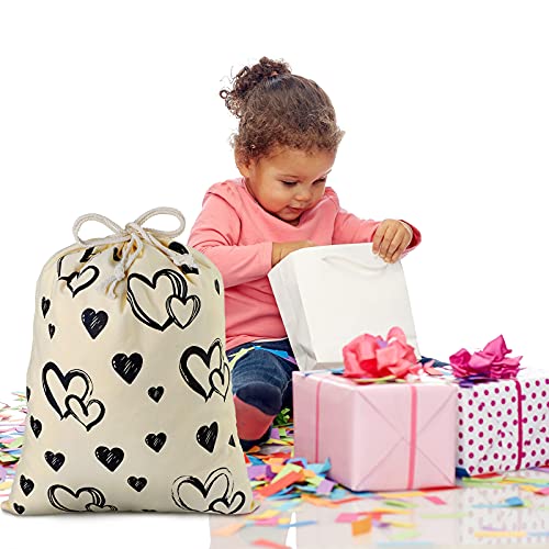 3 Pieces Large Canvas Gift Bags with Drawstring Christmas Gift Bag Printed with Hearts Bridal Shower Wedding Present Bags Drawstring Bag for Girls Valentines Day Anniversary Supplies,20 x 16 Inches