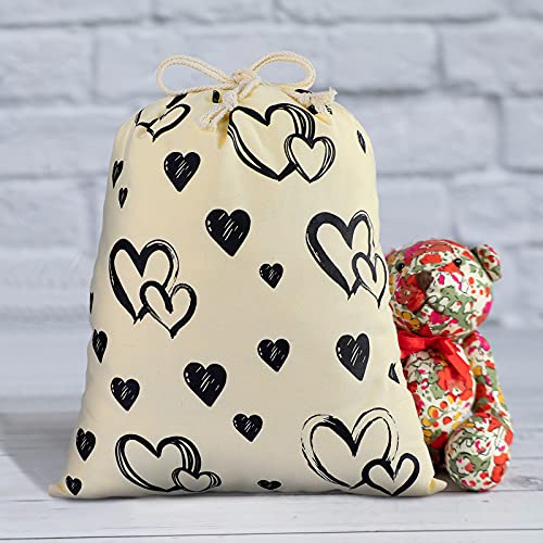 3 Pieces Large Canvas Gift Bags with Drawstring Christmas Gift Bag Printed with Hearts Bridal Shower Wedding Present Bags Drawstring Bag for Girls Valentines Day Anniversary Supplies,20 x 16 Inches