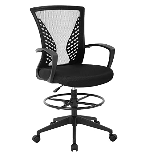 FDW Drafting Chair Tall Office Chair Ergonomic Office Chairs Adjustable Height Rolling Swivel Computer Task Chair Mesh Desk Chair with Arms Foot Rest Back Support (Black)