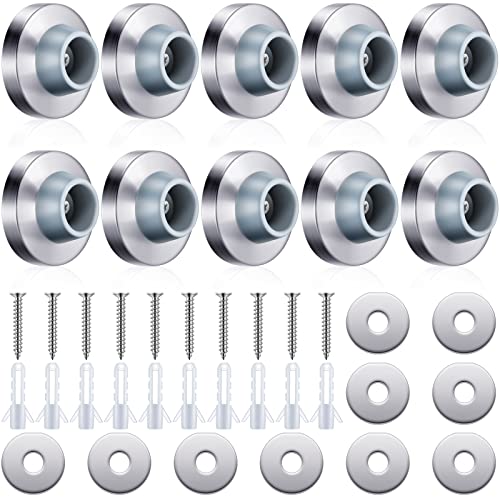 Concave Wall Door Bumper Stop Silver Stainless Steel Wall Door Bumper with 1-1/8 Inch Gray Round Rubber Bumper Wall Protector Door Stops (10)