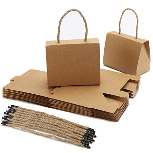 20 Pcs Brown Gift Boxes,5.12x2.75x3.54 Inches,Small Gable Gift Boxes,Portable Handle Kraft Paper Gift Box with Hemp rope for Kids' Birthday Party,Wedding,Baby Shower,Small Cakes Cookie