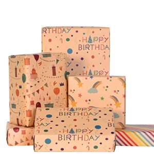 plandrichw birthday wrapping paper for kids girls women boys men,12 sheets kraft brown recycled gift wrapping paper 4 styles of ”happy birthday” balloon rainbow stars precut 20″ x 29″ folded