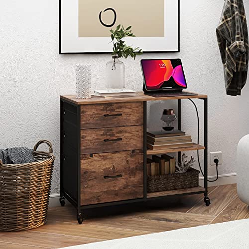 VEDECASA Lateral File Cabinet with 3 Fabric Drawer fits A4 Letter Size Open Storage Shelf Socket and Power Outlets USB Charging Port Mobile Printer Stand for Home Office (Brown)