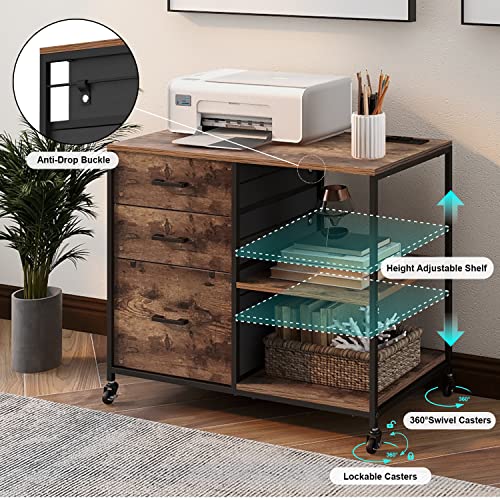 VEDECASA Lateral File Cabinet with 3 Fabric Drawer fits A4 Letter Size Open Storage Shelf Socket and Power Outlets USB Charging Port Mobile Printer Stand for Home Office (Brown)