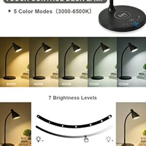 LiFMIRA Desk Lamp with USB Charging Port, 15W Fast Wireless Charger, 5 Lighting Modes,7 Brightness Levels, Eye Care Touch Bedside Table Lamps Gooseneck Desk Lamps for Home Office with 24W Adapter