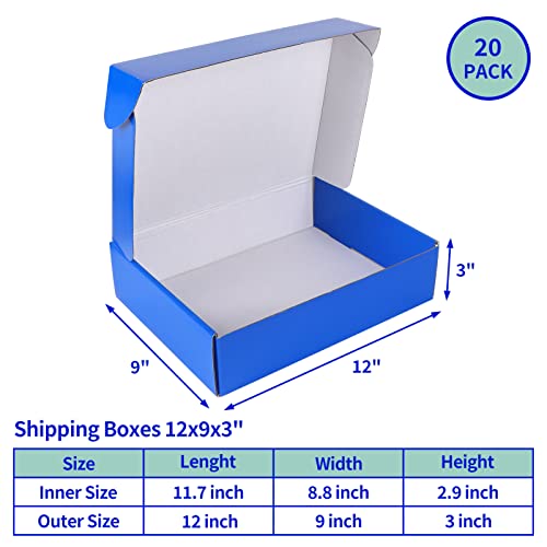 Rempry 12x9x3 Medium Blue Shipping Boxes 20 Pack, Gift Box with Lid for Wraping Presents, Cardboard Boxes for Packaging Small Business