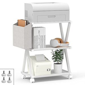 vedecasa white mobile printer stand 3 tier wood shelf metal frame printer cart with storage bag for home office modern under desk table side printer cart with rolling caster wheel (white)