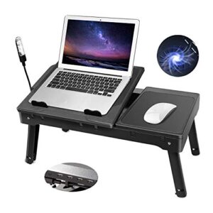 moclever laptop table for bed-multi-functional laptop bed table tray with internal cooling fan & 2 independent laptop stands-foldable & 3 different height laptop desk-led lamp-4 port usb