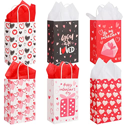 DIYASY Valentine's Day Paper Gift Bags with Tissue Paper,24 Pack Red Pink Heart Love Candy Present Bags with Handle for Wedding and Valentine Party Favors Gift Wrapping Supply