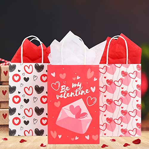 DIYASY Valentine's Day Paper Gift Bags with Tissue Paper,24 Pack Red Pink Heart Love Candy Present Bags with Handle for Wedding and Valentine Party Favors Gift Wrapping Supply