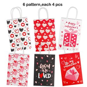 DIYASY Valentine's Day Paper Gift Bags with Tissue Paper,24 Pack Red Pink Heart Love Candy Present Bags with Handle for Wedding and Valentine Party Favors Gift Wrapping Supply