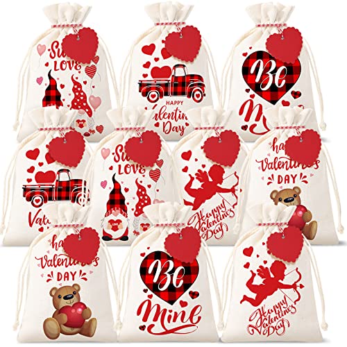 20 Pieces Valentine's Day Gift Bags with Drawstring Linen Cloth Candy Jewelry Pouches Sacks Small Muslin Bags with Heart Tag Labels for Valentine's Day Party Favors Wedding Bridal Shower (4 x 6 Inch)