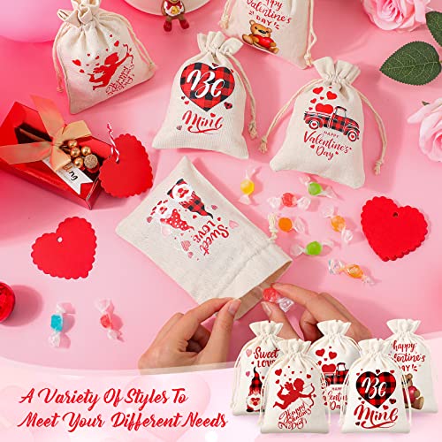 20 Pieces Valentine's Day Gift Bags with Drawstring Linen Cloth Candy Jewelry Pouches Sacks Small Muslin Bags with Heart Tag Labels for Valentine's Day Party Favors Wedding Bridal Shower (4 x 6 Inch)