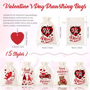 20 Pieces Valentine's Day Gift Bags with Drawstring Linen Cloth Candy Jewelry Pouches Sacks Small Muslin Bags with Heart Tag Labels for Valentine's Day Party Favors Wedding Bridal Shower (4 x 6 Inch)