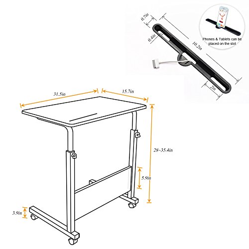 Rolling Laptop Stands Desk Cart Height Adjustable, soges 31.5 inches Mobile Sofa Side Table with Tablet Slot, Portable Standing Laptop Table, Small C Table for Couch Bed Sofa, Black, ZS-05-3-80B