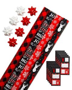 american greetings christmas wrapping paper set with cut lines, red, black and white, plaid, reindeer and snowflakes (4 rolls, 7 bows, 30 gift tags, 120 sq. ft.)