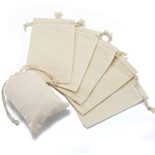 Muslin Bags Drawstring Cotton Bags, Organic Cotton Fabric Bags -50 Pcs 4 by 6 Inch - Natural Cloth Bags Sachet Bags with Drawstring for Party Wedding Home Storage and DIY Craft