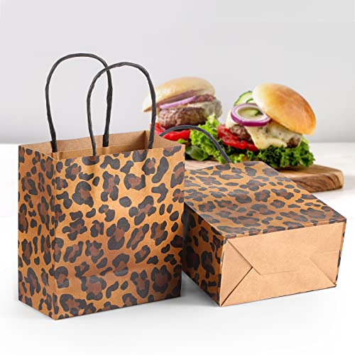 Outus 50 Pieces Leopard Paper Bags Leopard Print Small Gift Bags 5.5 x 2.76 x 5.9 Inch Brown Leopard Bag with Handles Animal Prints for Shopping Trendy Gift Kraft Party Take out Merchandise Retail