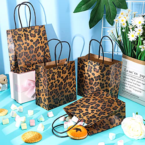 Outus 50 Pieces Leopard Paper Bags Leopard Print Small Gift Bags 5.5 x 2.76 x 5.9 Inch Brown Leopard Bag with Handles Animal Prints for Shopping Trendy Gift Kraft Party Take out Merchandise Retail