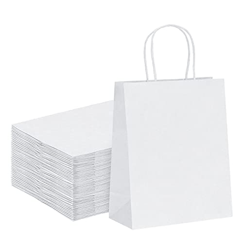 RACETOP White Gift Bags with Handles Bulk, 5.9"x3.2"x8.3" 50Pcs, White Kraft Paper Gift Bags, Shopping Bags, Merchandise Bags, Retail Bags, Party Favor Bags, Gift Bags with Handles Bulk, 100% Recyclable Paper Bags