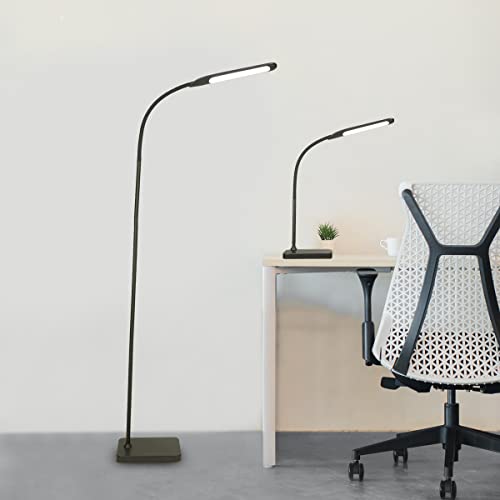 Syrinx 2 in 1 LED Floor, Desk Lamp, 5 Brightness Levels & 5 Colors Temperatures, Dimmable, Adjustable Gooseneck Pole Lamp for Living Room Office Bedroom - Black